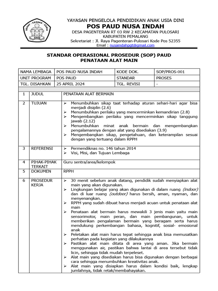 1 Sop Paud Penataan Alat Main | PDF | Karier & Perkembangan