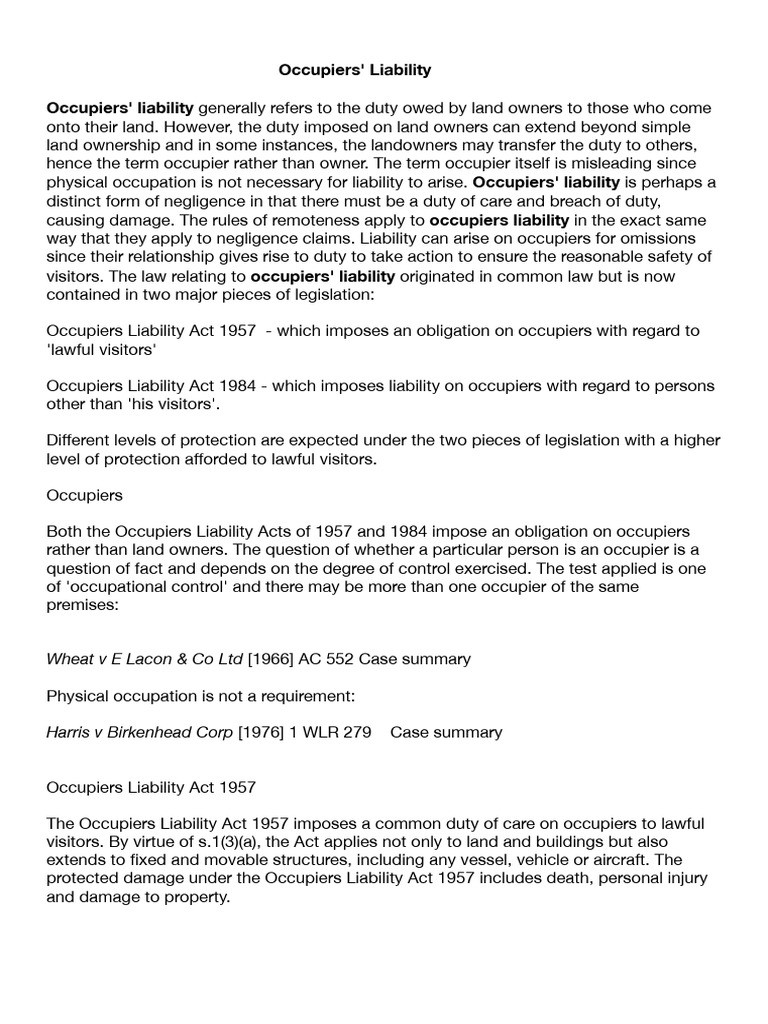 Occupiers' Liability Occupiers' Liability Generally Refers To The Duty ...