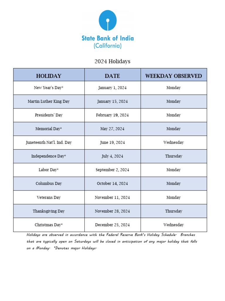 2024 Holiday Schedule Overview | PDF