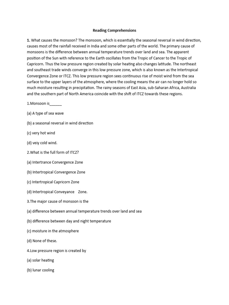 Reading Comprehension Practice Set | PDF | Monsoon | Wound