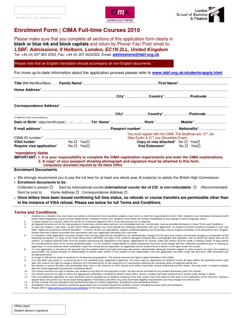 CIMA Full-Time Course Enrolment 2010 | PDF | Travel Visa | Fee