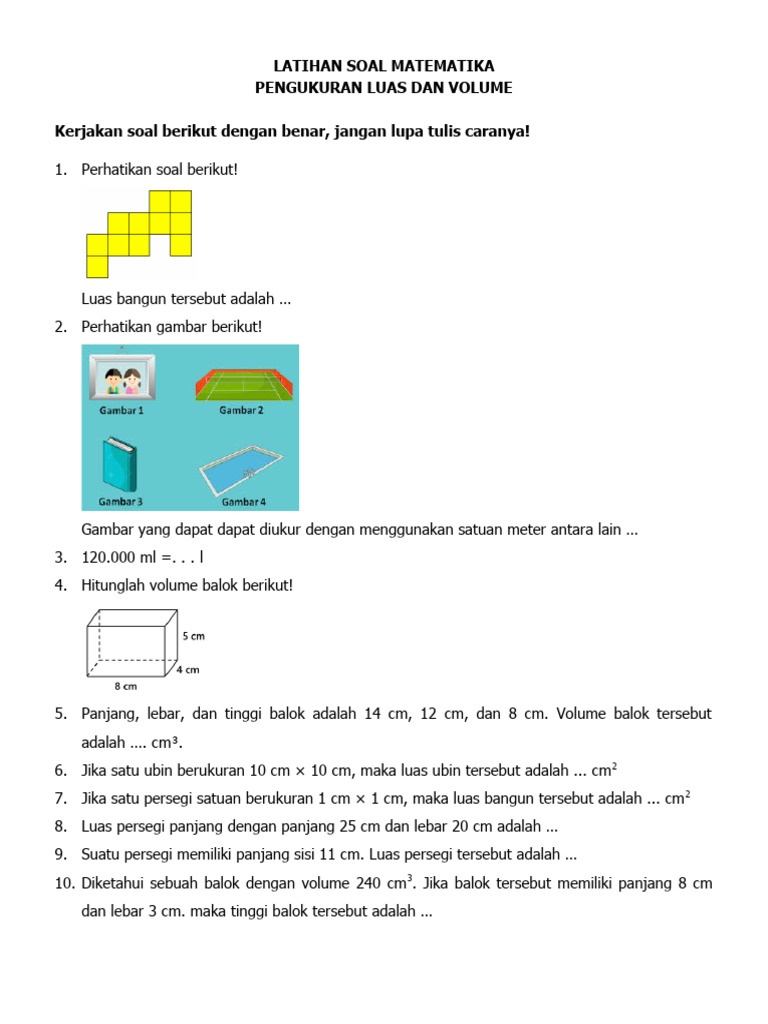 LATIHAN SOAL Luas Dan Volume Kelas 4 | PDF