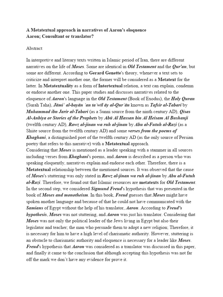 A Metatextual Approach in Narratives of Aaron | PDF | Hadith | Islamic ...