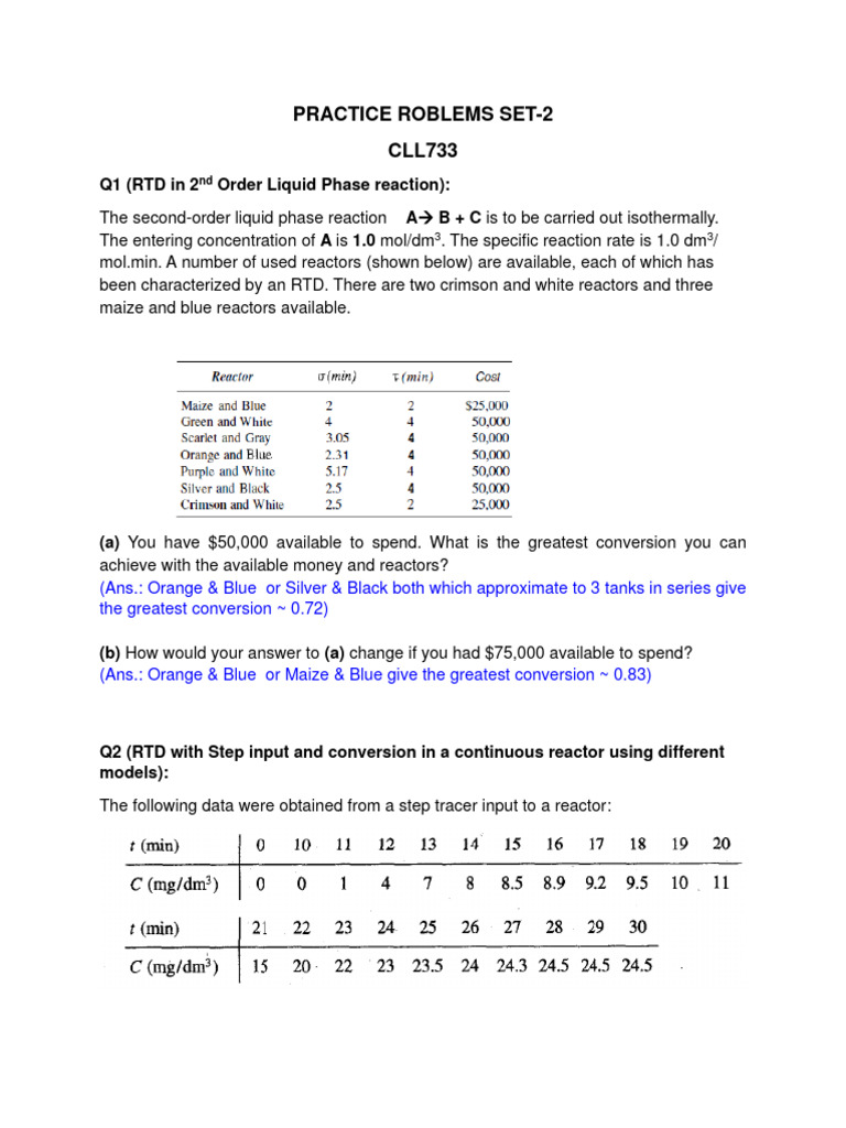 Practice Problem Set -2 | PDF | Chemical Reactor | Chemical Reactions