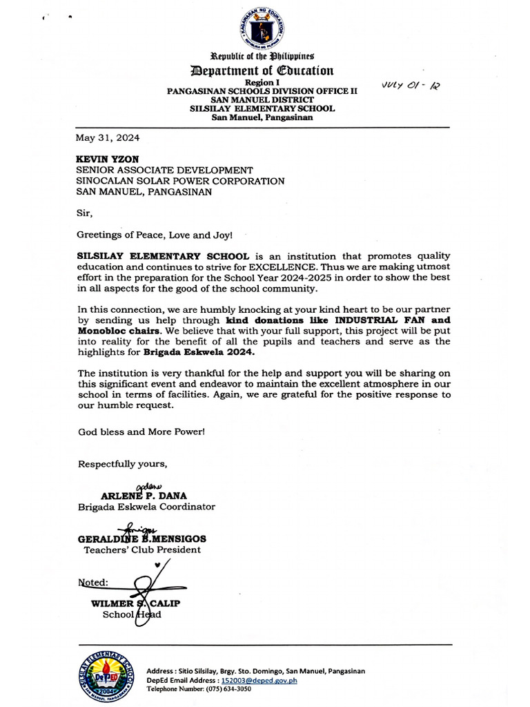 Solicitation Letter_Silsilay Elementary School_2024 Brigada Eskwela | PDF