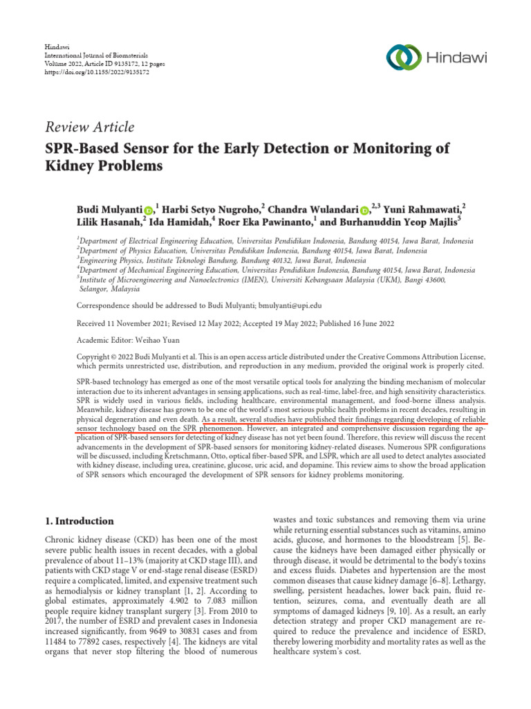 SPR-Based Sensor for the Early Detection or Monitoring of Kidney Problems | PDF | Surface ...