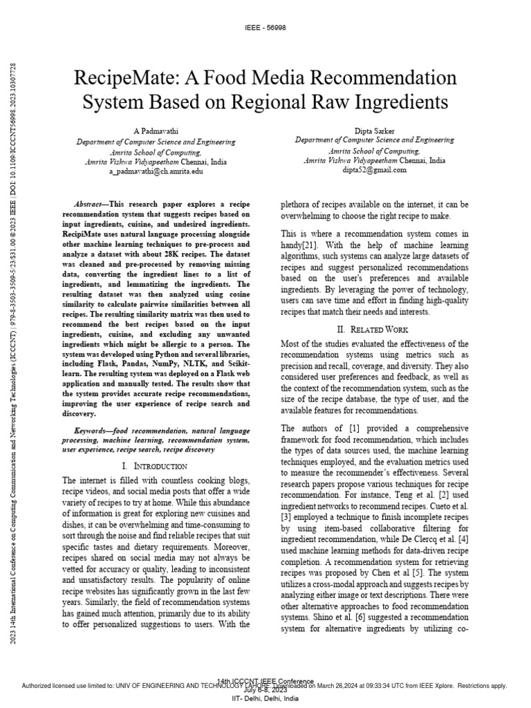 RecipeMate A Food Media Recommendation System Based On Regional Raw ...
