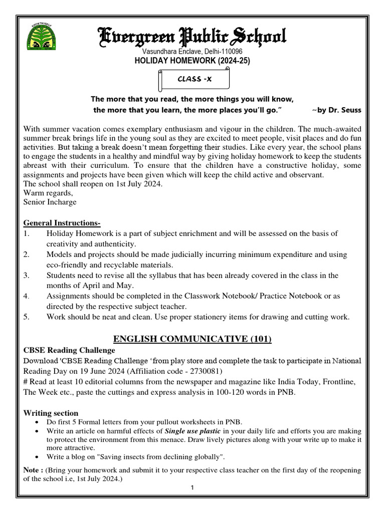 Class X HHW (2024-25) | PDF