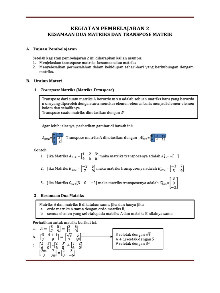 Kesamaan 2 Matriks Dan Tranpose | PDF | Metode & Bahan Ajar