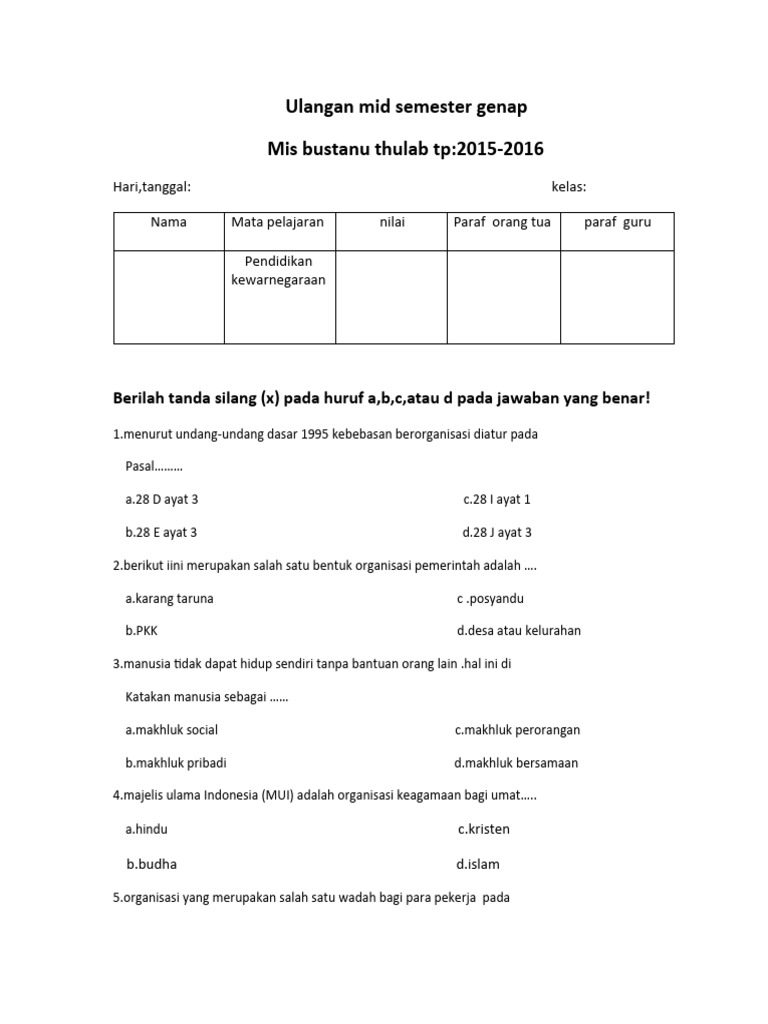 Ulangan Mid Semester Genap Mis Bustanu Thulab tp:2015-2016 | PDF