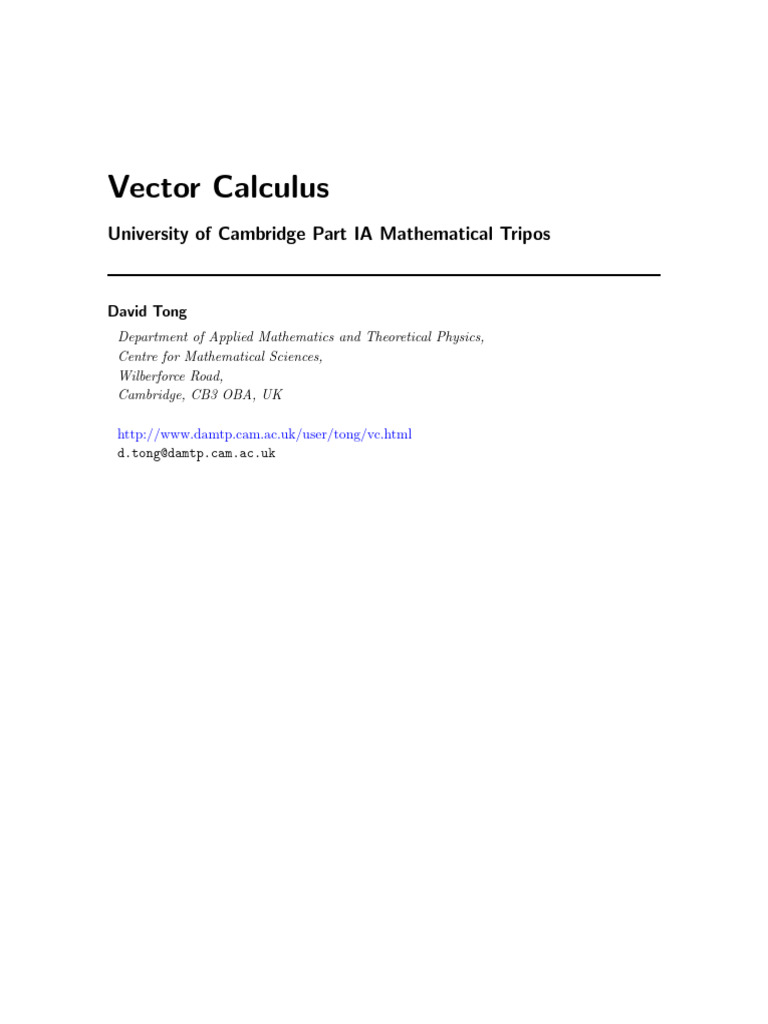 David Tong Lecture Notes - Vector Calculus | PDF | Curvature | Derivative