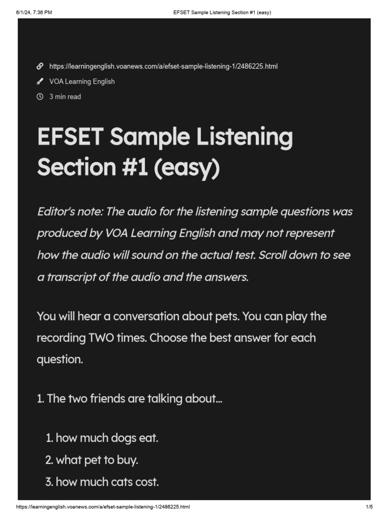 EFSET Sample Listening Section #1 (Easy) | PDF