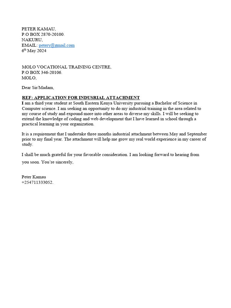 Industrial Attachment Application Letter | PDF | Business | Social Science