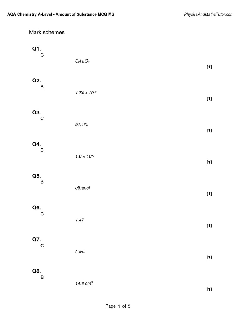 AQA Chemistry A-Level MCQ Mark Scheme | PDF