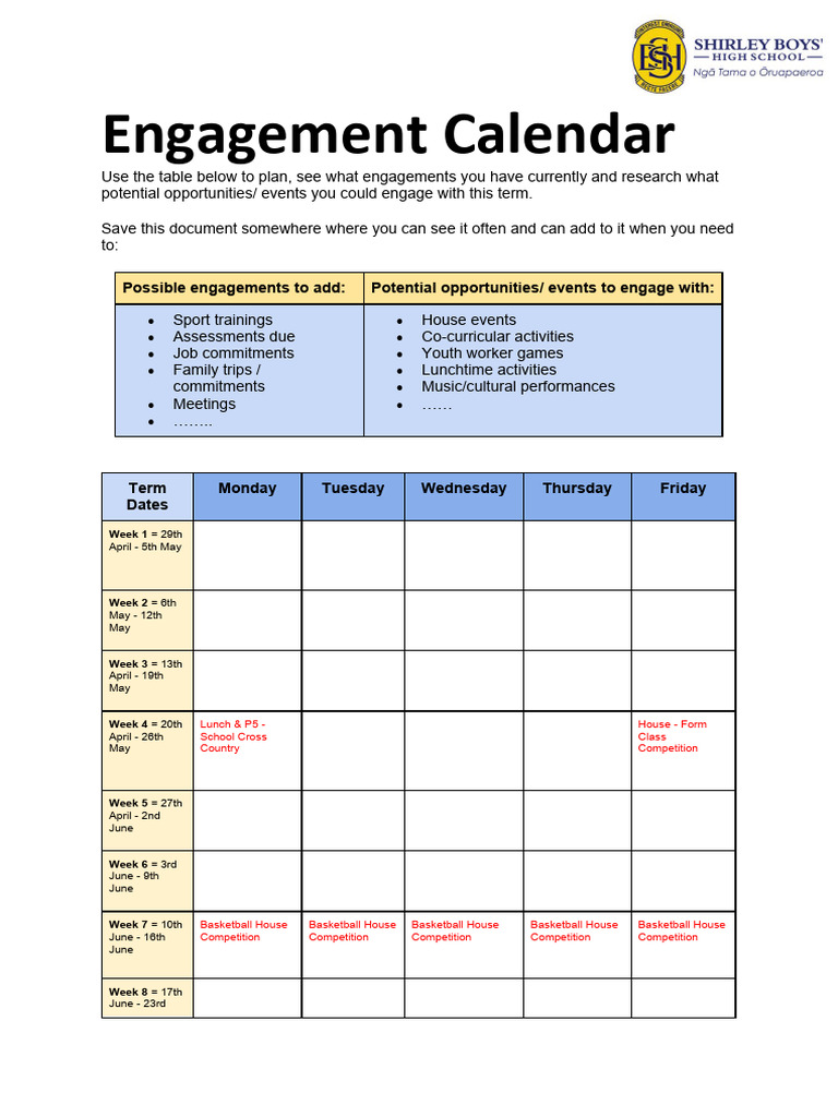 Engagement Calendar | PDF | Language Arts & Discipline