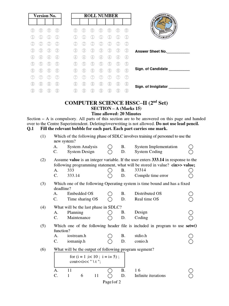 HSSC-II Computer Science Model Paper | PDF | Computer Engineering ...