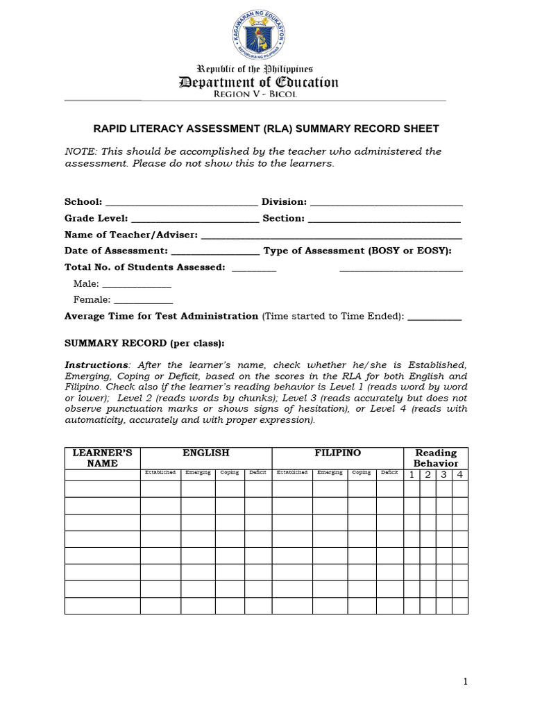 RLA Summary Record Sheet | PDF | Pedagogy | Behavioural Sciences