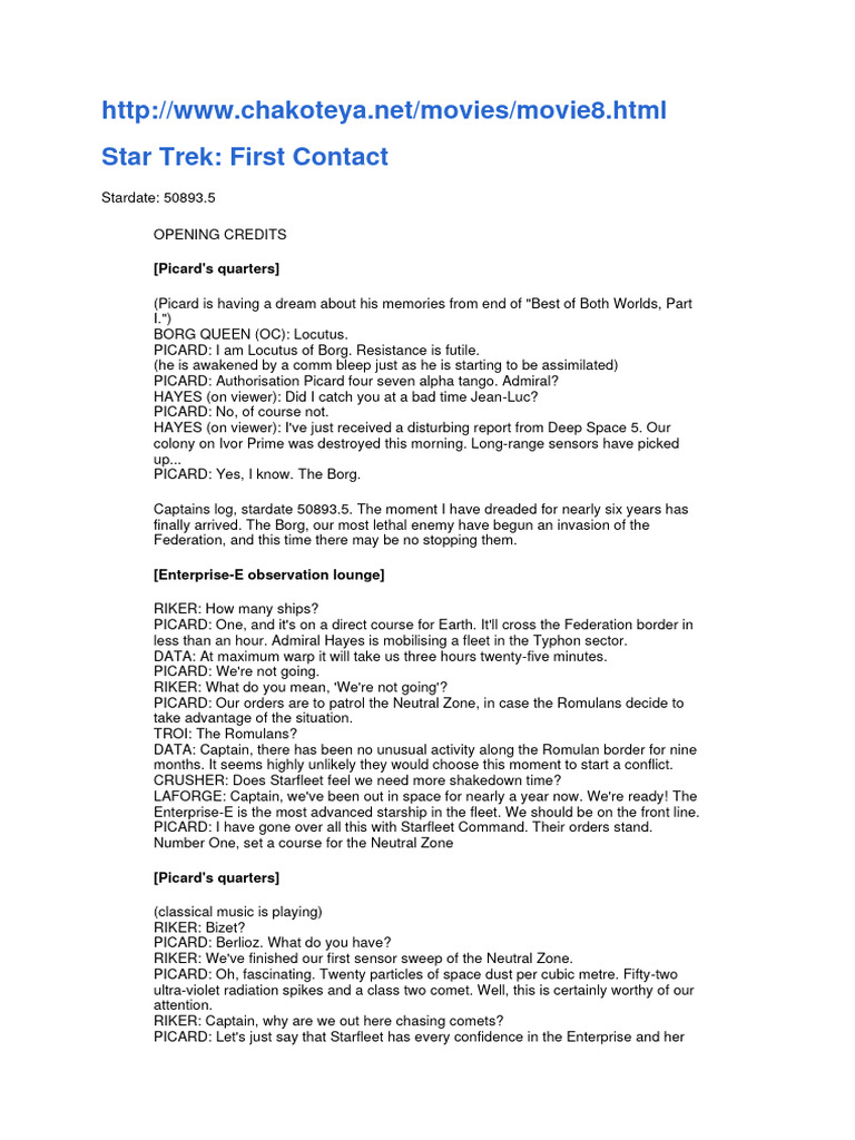 Star Trek First Contact Movie Script | PDF | Jean Luc Picard | Deanna Troi