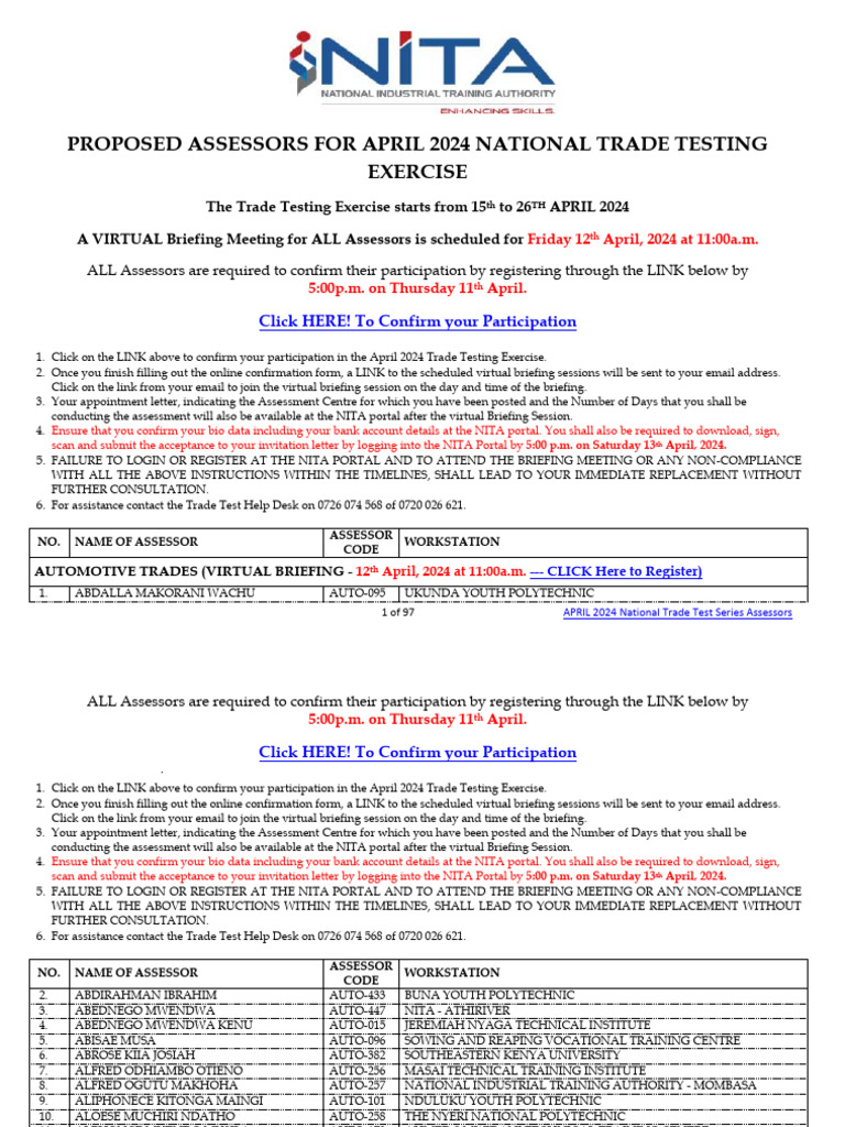 April 2024 NITA Trade Test Assessors | PDF | Login | Vocational Education