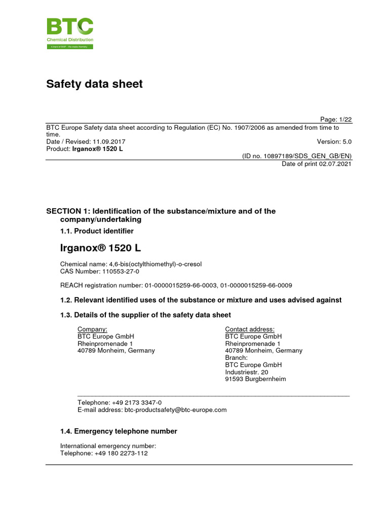 MSDS Irganox 1520 L | PDF | Chemistry | Occupational Safety And Health