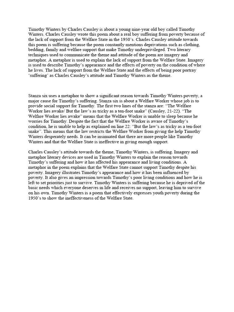 Timothy Winters by Charles Causley Is About A Young Nine | PDF ...