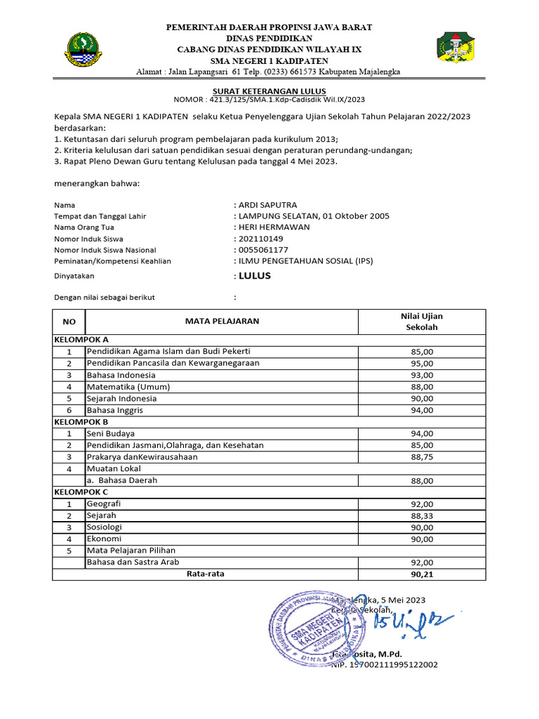 Surat Keterangan Lulus | PDF