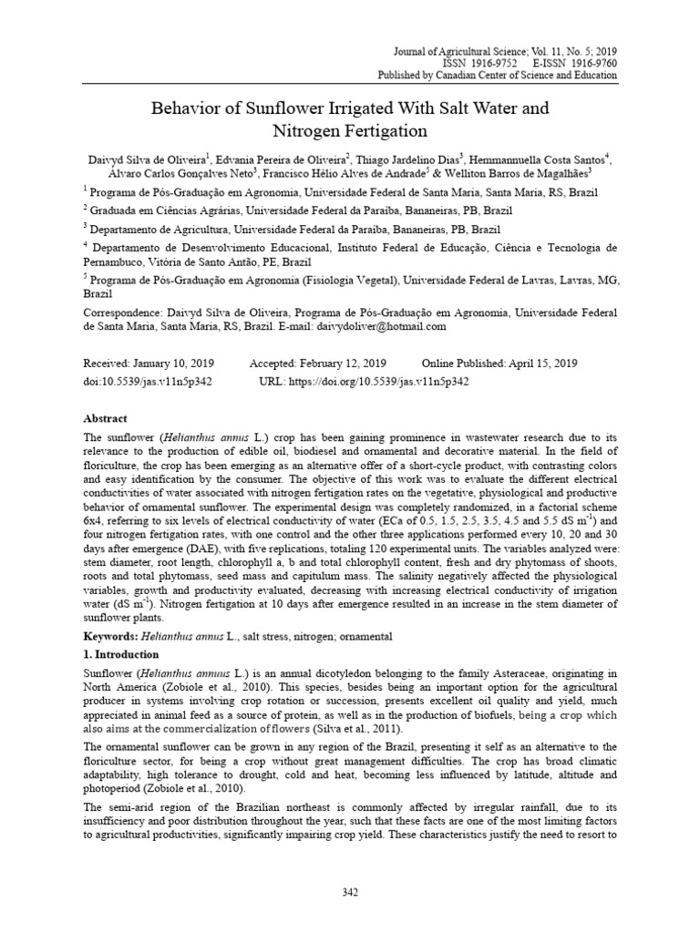 Behavior of Sunflower Irrigated With Salt Water and Nitrogen ...