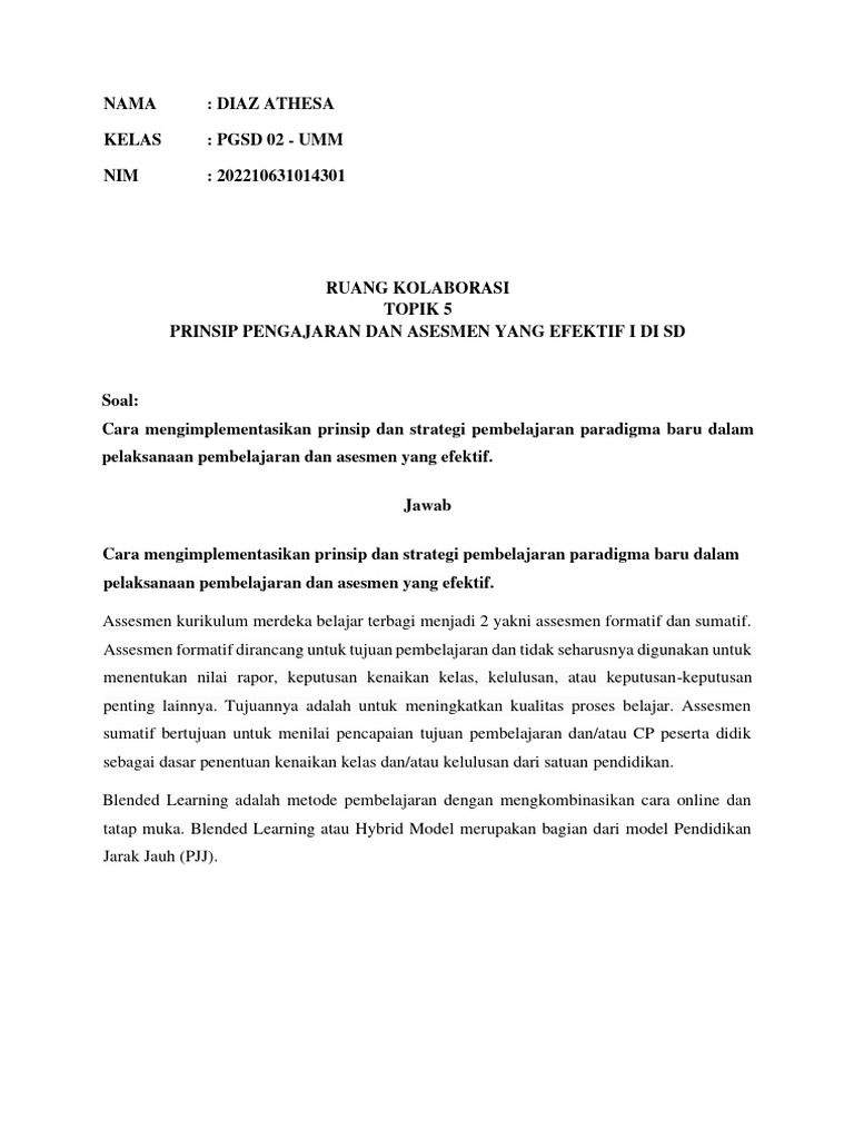 Diaz Athesa - T.5 Ruang Kolaborasi - Prinsip Pengajaran Dan Asesmen ...