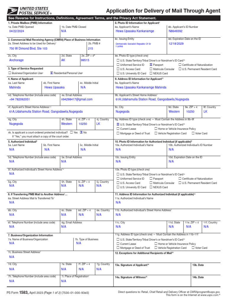 Form 1583 | PDF | United States Postal Service | Identity Document