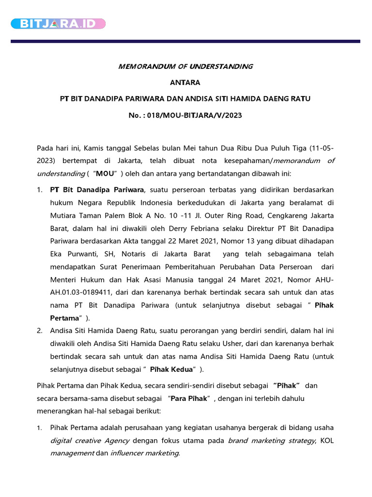 MOU Perorangan-Usher Andisa Siti Hamida Daeng Ratu | PDF