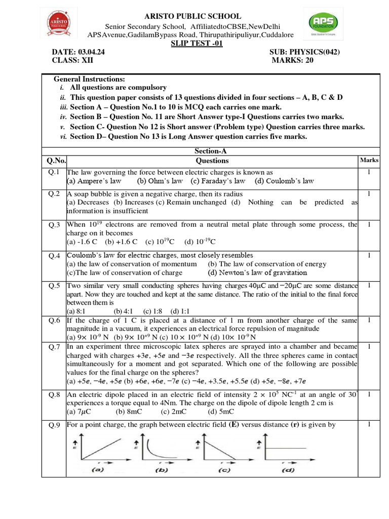 Slip Test - 1 Physics With Answer Key | PDF | Force | Electric Field