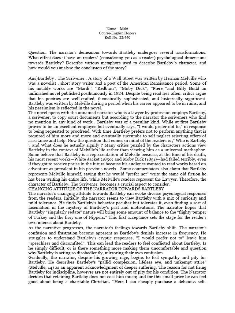 Bartleby Assignment (Mahi 440) | PDF | Bartleby, The Scrivener | Herman Melville