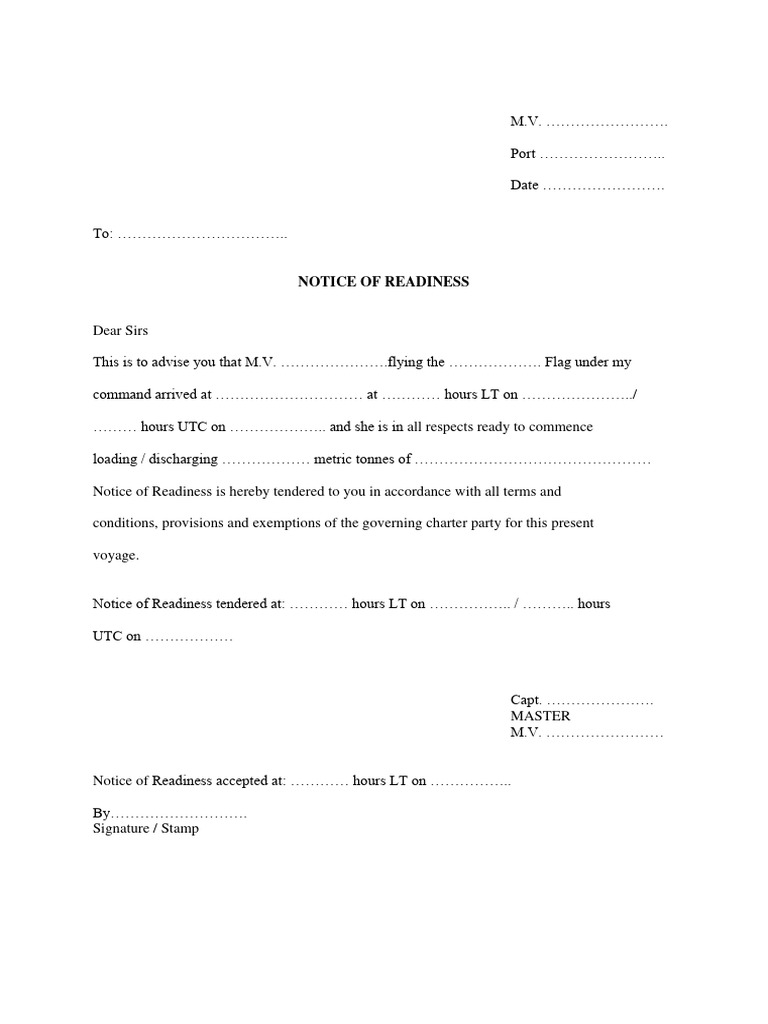 Notice of Readiness - Sample | PDF