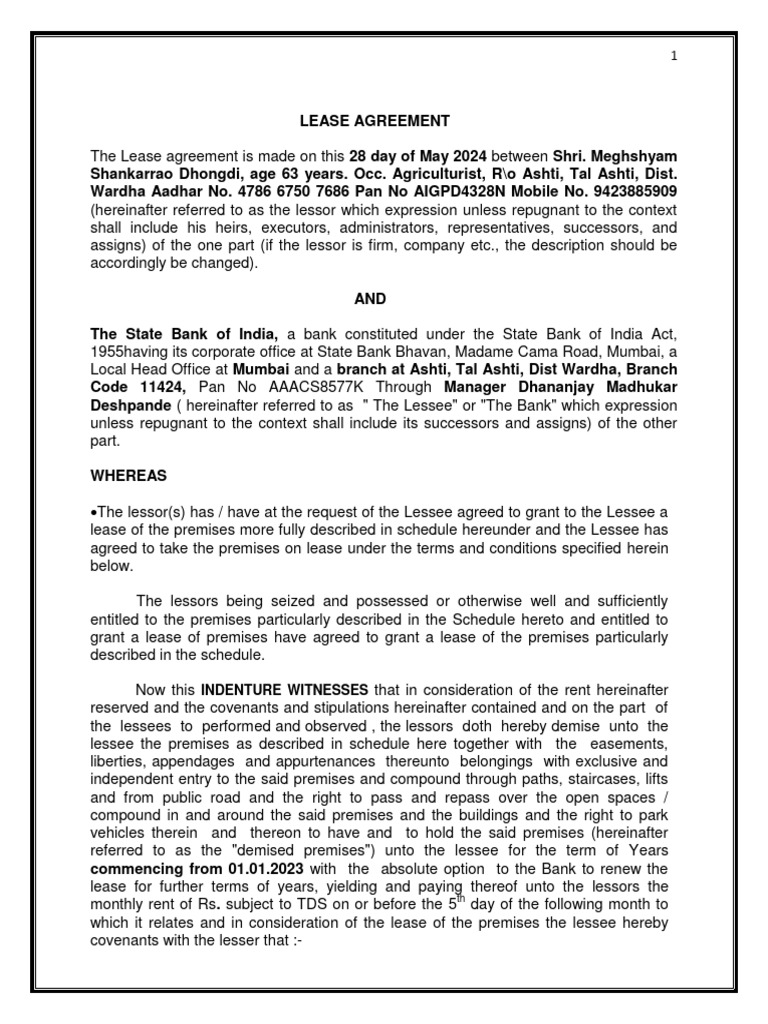 Lease Deed of Bank | PDF | Lease | Leasehold Estate