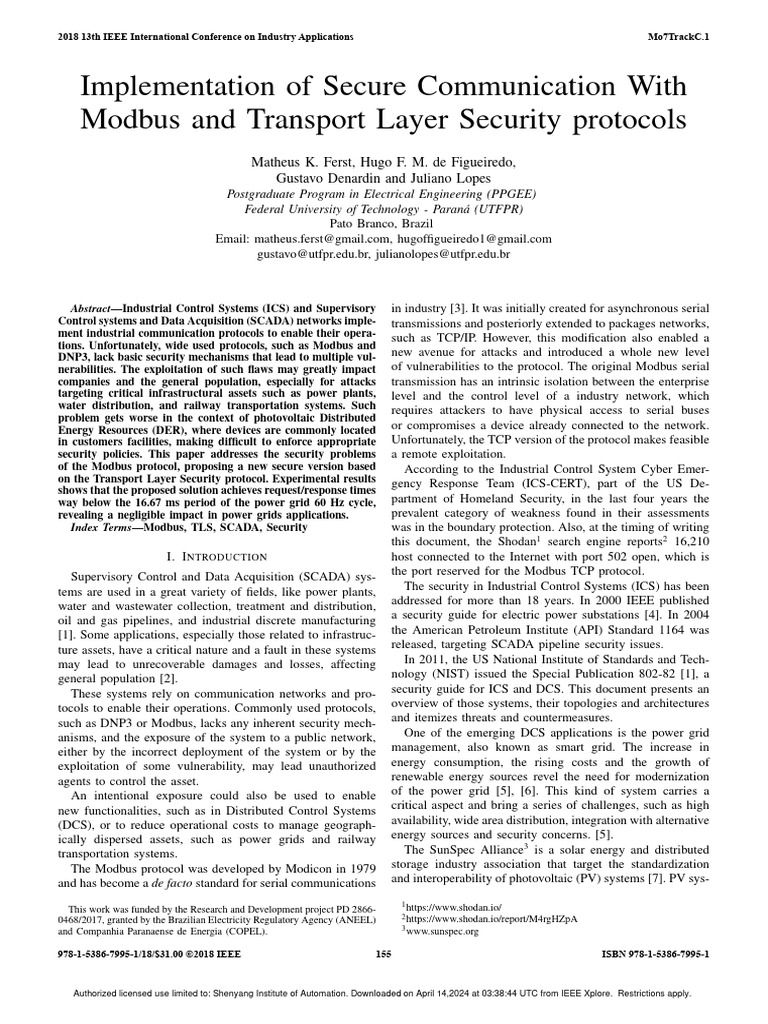 Implementation Of Secure Communication With Modbus And Transport Layer Security Protocols Pdf
