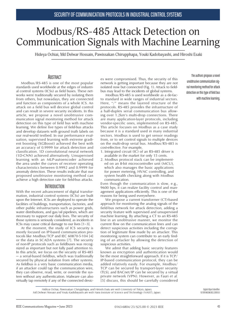 Modbus RS-485 Attack Detection On Communication Signals With Machine ...