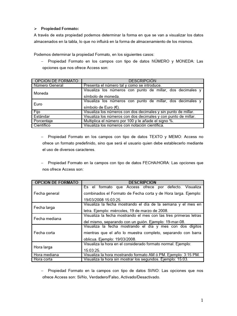 Formatos de Datos en Access | PDF | Decimal | Tipo de datos
