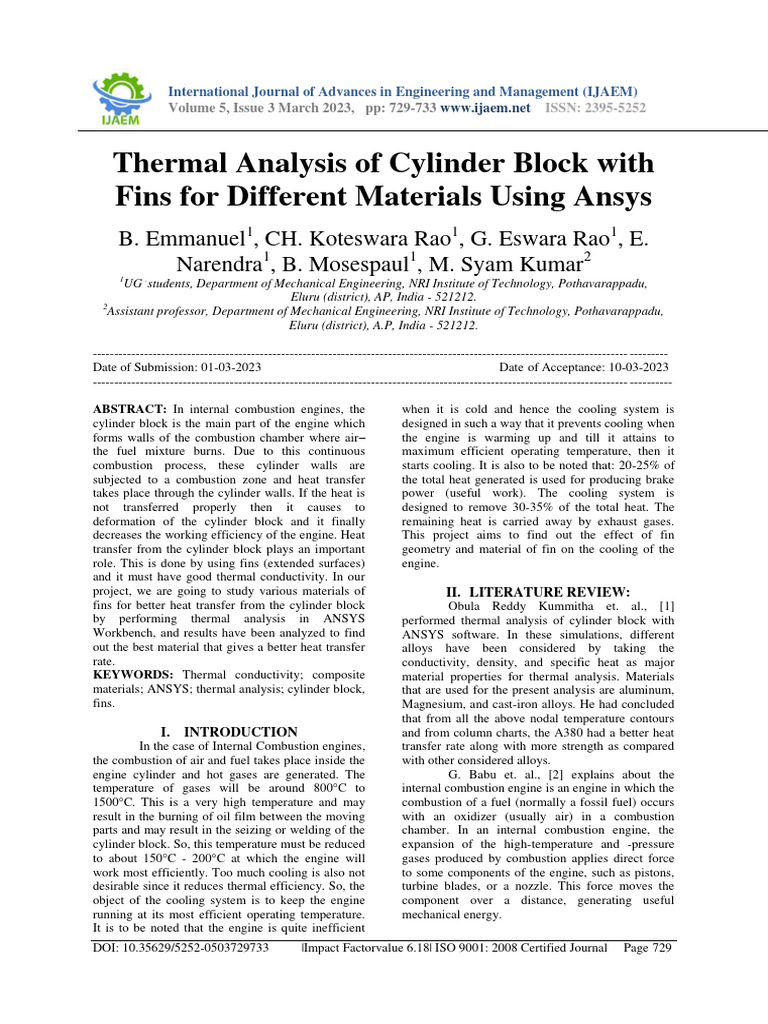 Thermal Analysis of Cylinder Block With Fins For Different Materials ...