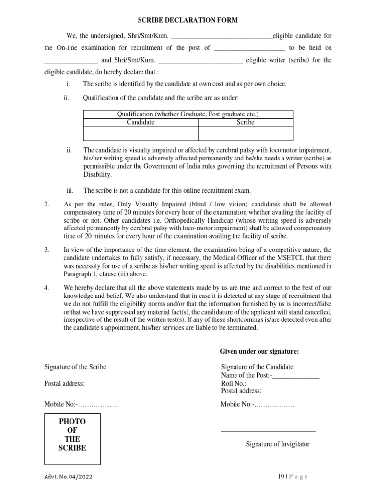 Scribe Declaration Form Guide | PDF | Disability