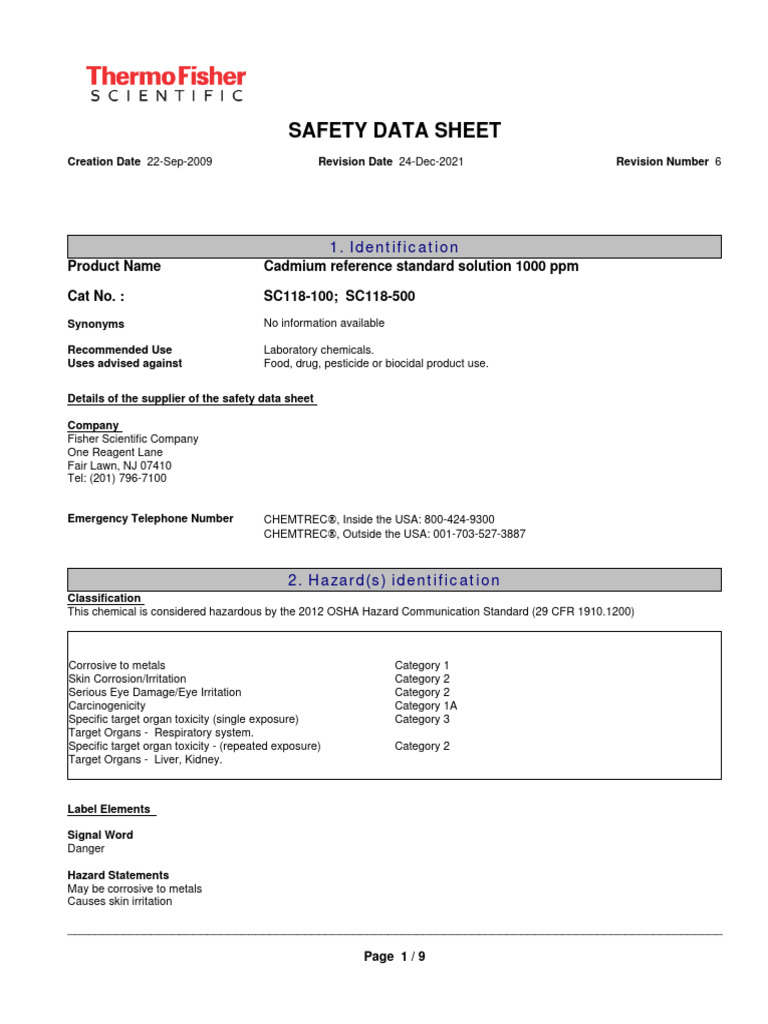 Cadmium Ref STD Sol CRT 100ML | PDF | Firefighting | Occupational ...