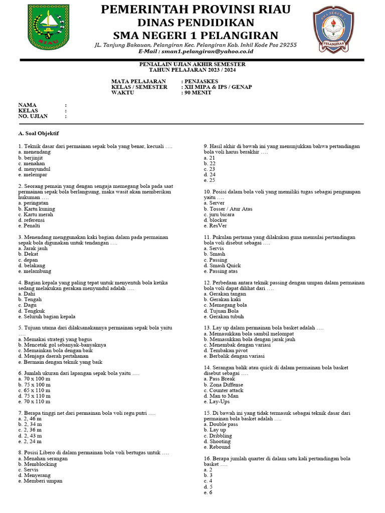 SOAL PJOK US Kelas XII 2024 | PDF