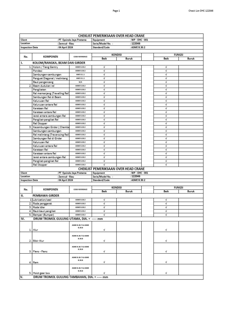 Checklist Inspeksi Crane OHC 122046 | PDF