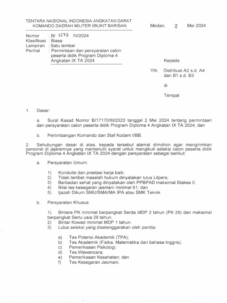 Permintaan Dan Persyaratan Calon Peserta Didik Program D4 Angk IX TA ...