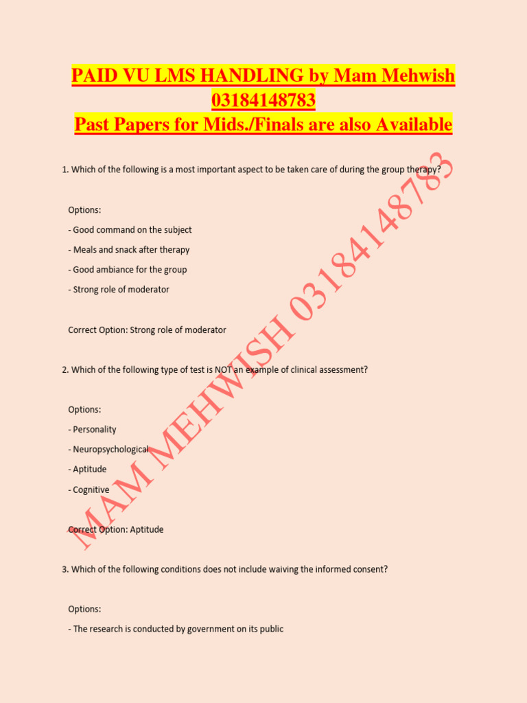 PSY611 MCQs Mids 2024 Mam Mehwish-1 | PDF | Informed Consent | Health Care PSY611 MCQs Mids 2024 Mam Mehwish-1 | PDF | Informed Consent | Health Care