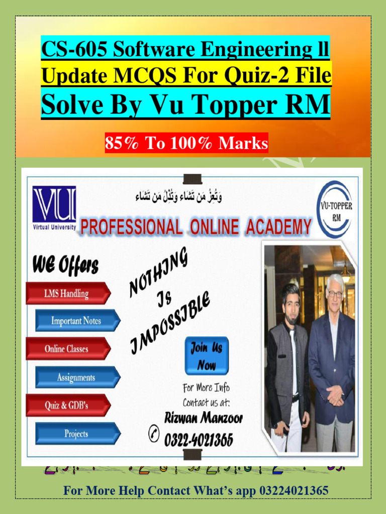 CS605 Quiz-2 by Vu Topper RM | PDF | Reliability Engineering | Application Software