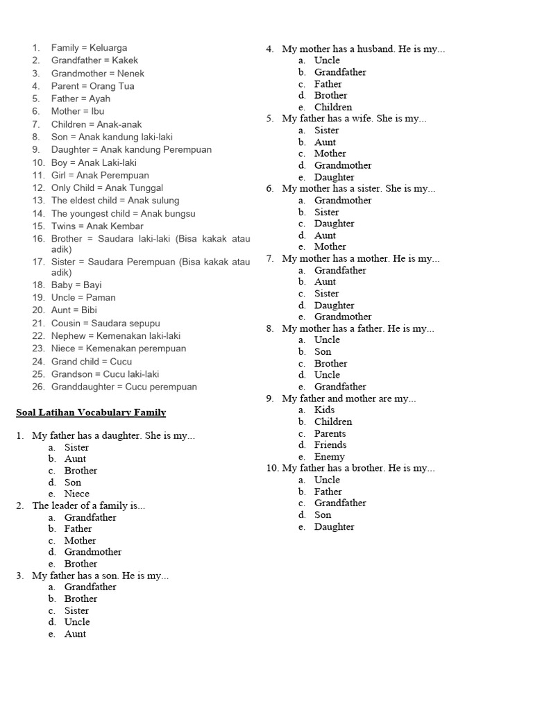 Soal Latihan Vocabulary Family | PDF | Family | Living Arrangements