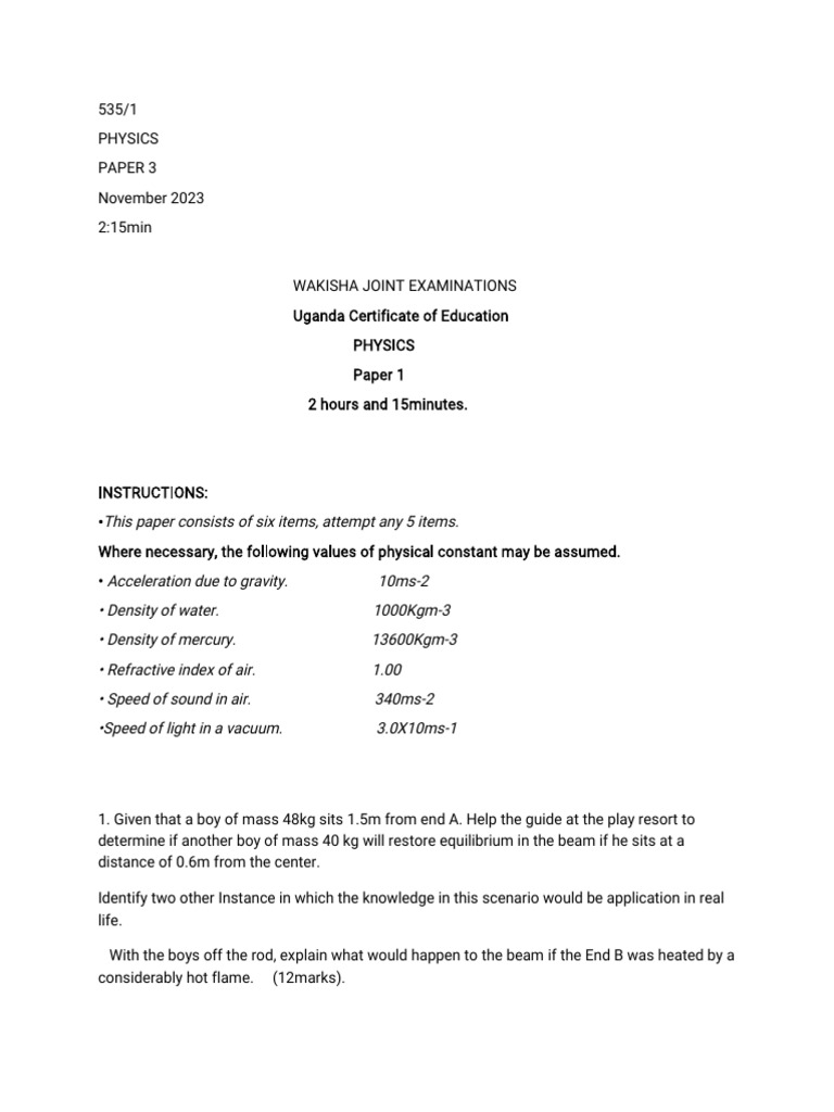 Wakisha Joint Examinations | PDF | Water | Physical Phenomena