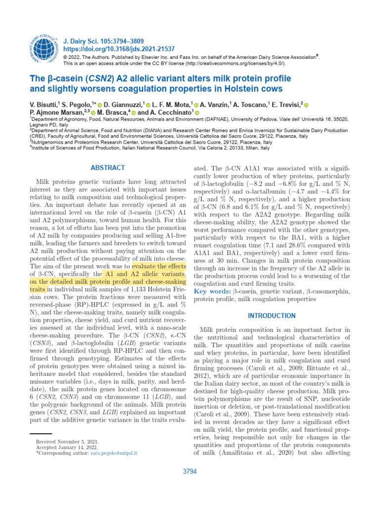 The Β-casein (CSN2) A2 Allelic Variant Alters Milk | PDF | Milk | Genotype