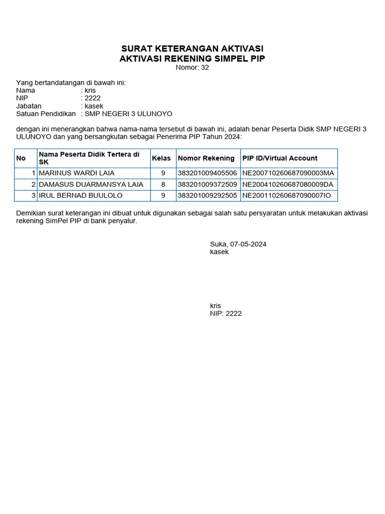 Surat Keterangan Aktivasi PIP Nominasi Tahun 2024, SMP NEGERI 3 ULUNOYO ...