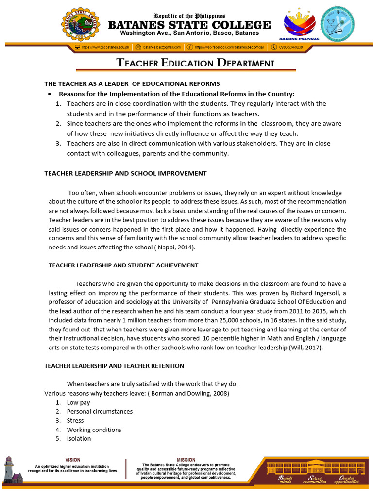 Educ 10 Teacher Leadership | PDF | Teachers | Leadership